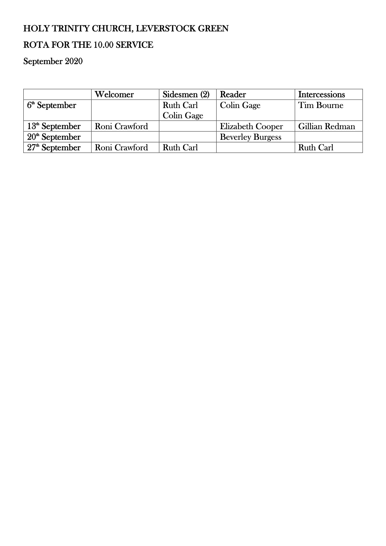 HOLY TRINITY CHURCH temp rota Sept 2020 – Benefice of Langelei